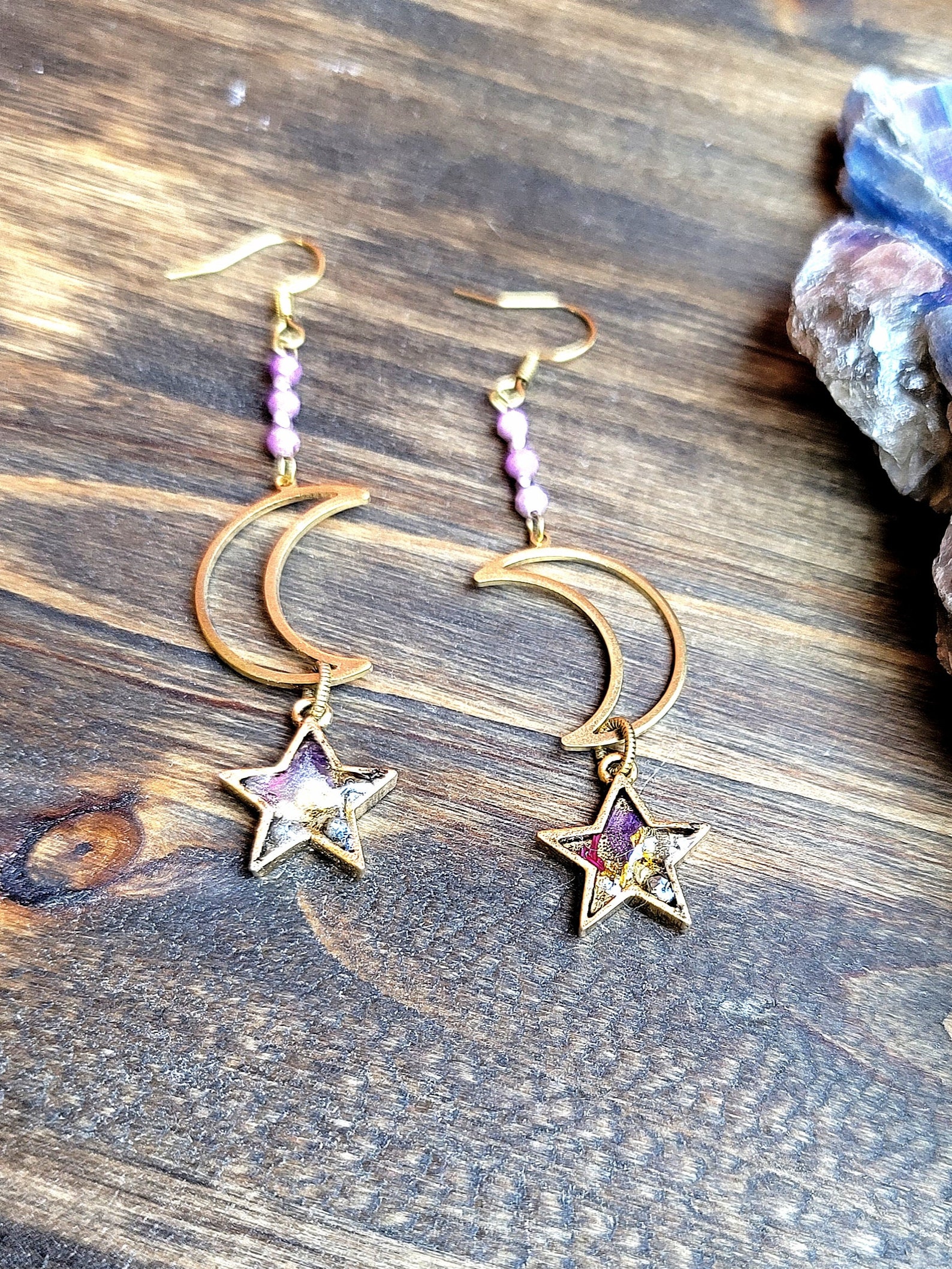 Crescent Moon and Phosphosiderite Earrings Crescent Moon and Flower ...