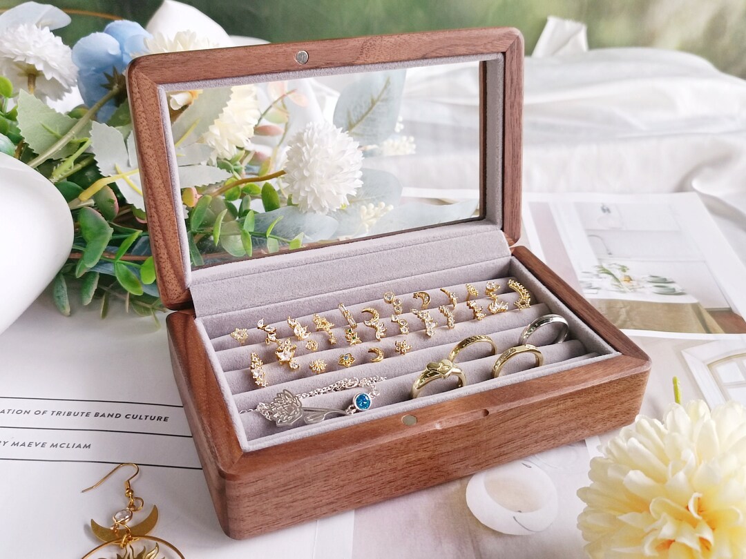 Walnut Jewelry Box, Clear Glass Lid Jewelry Box, Earrings Rings Storage Case, Custom Wooden ...