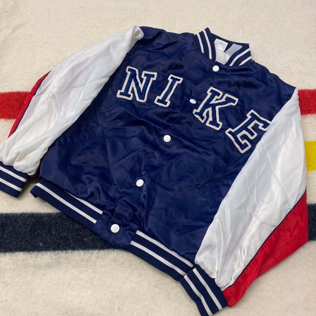 Sz M Youth 80s Nike Crest Navy Blue/red/white Snap up Kids Satin ...
