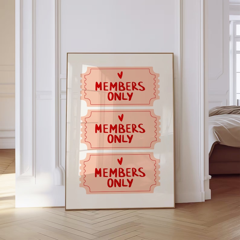 Members Only Red Ticket Wall Art Apartment Wall Decor Ticket Art Print ...