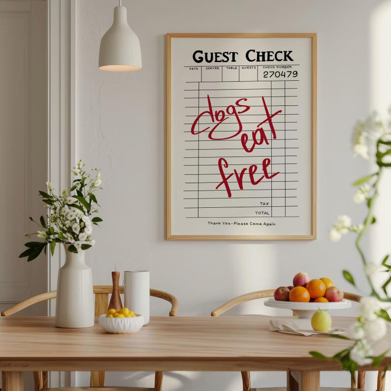 Trendy Guest Check Dogs Eat Free Wall Art Kitchen Decor Retro Bar Print ...