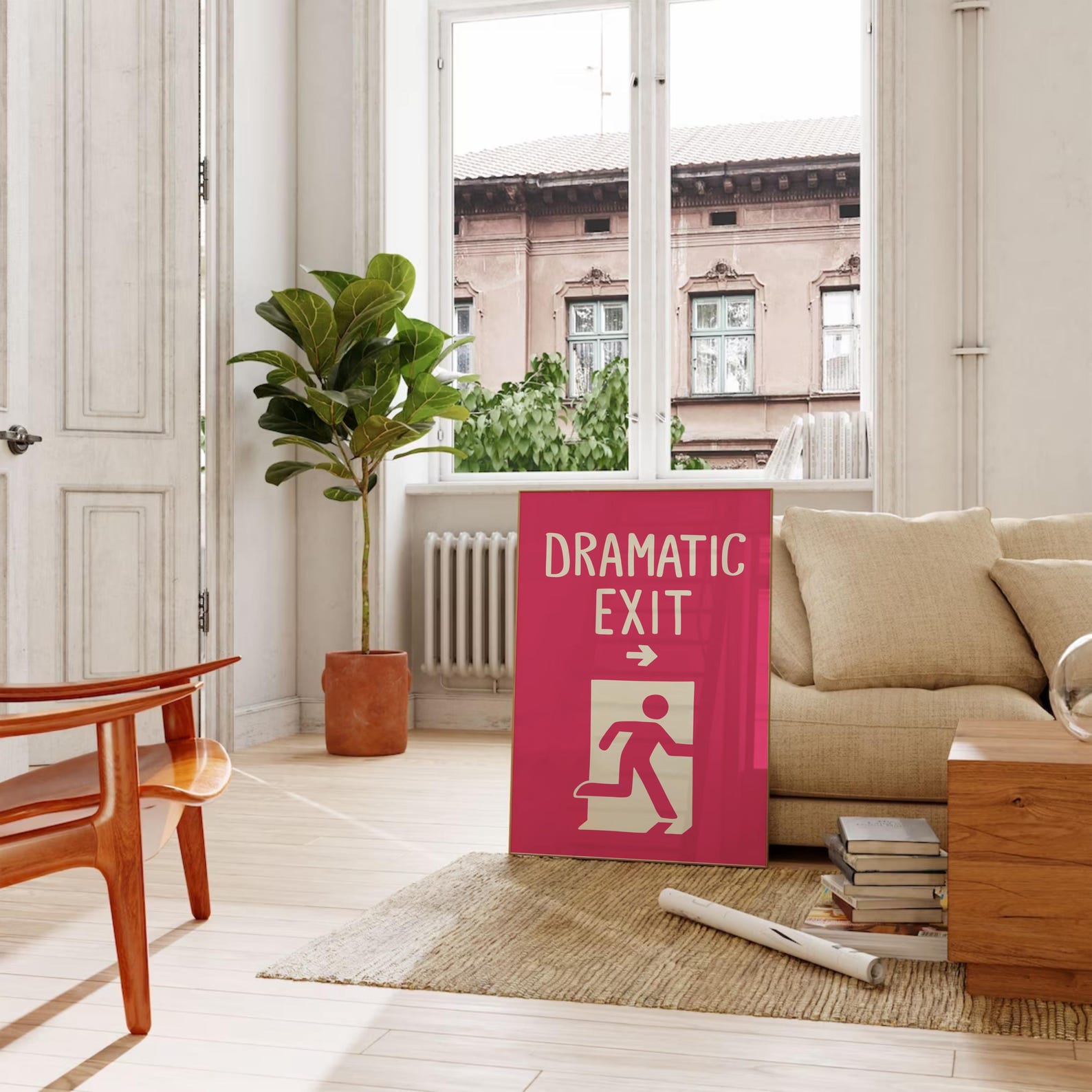 Trendy Dramatic Exit Door Sign Funny Wall Art Print Pink Preppy Office ...