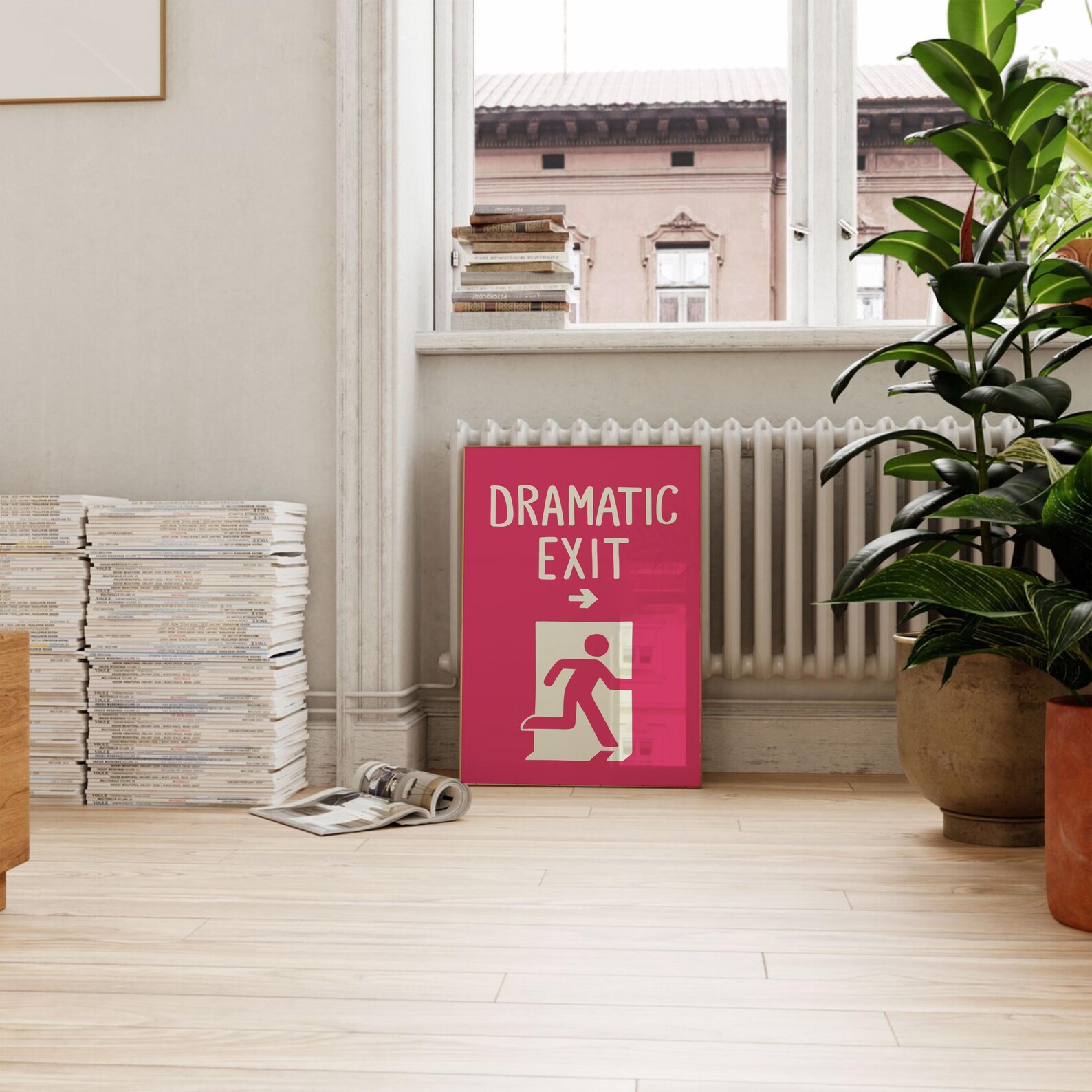 Trendy Dramatic Exit Door Sign Funny Wall Art Print Pink Preppy Office ...