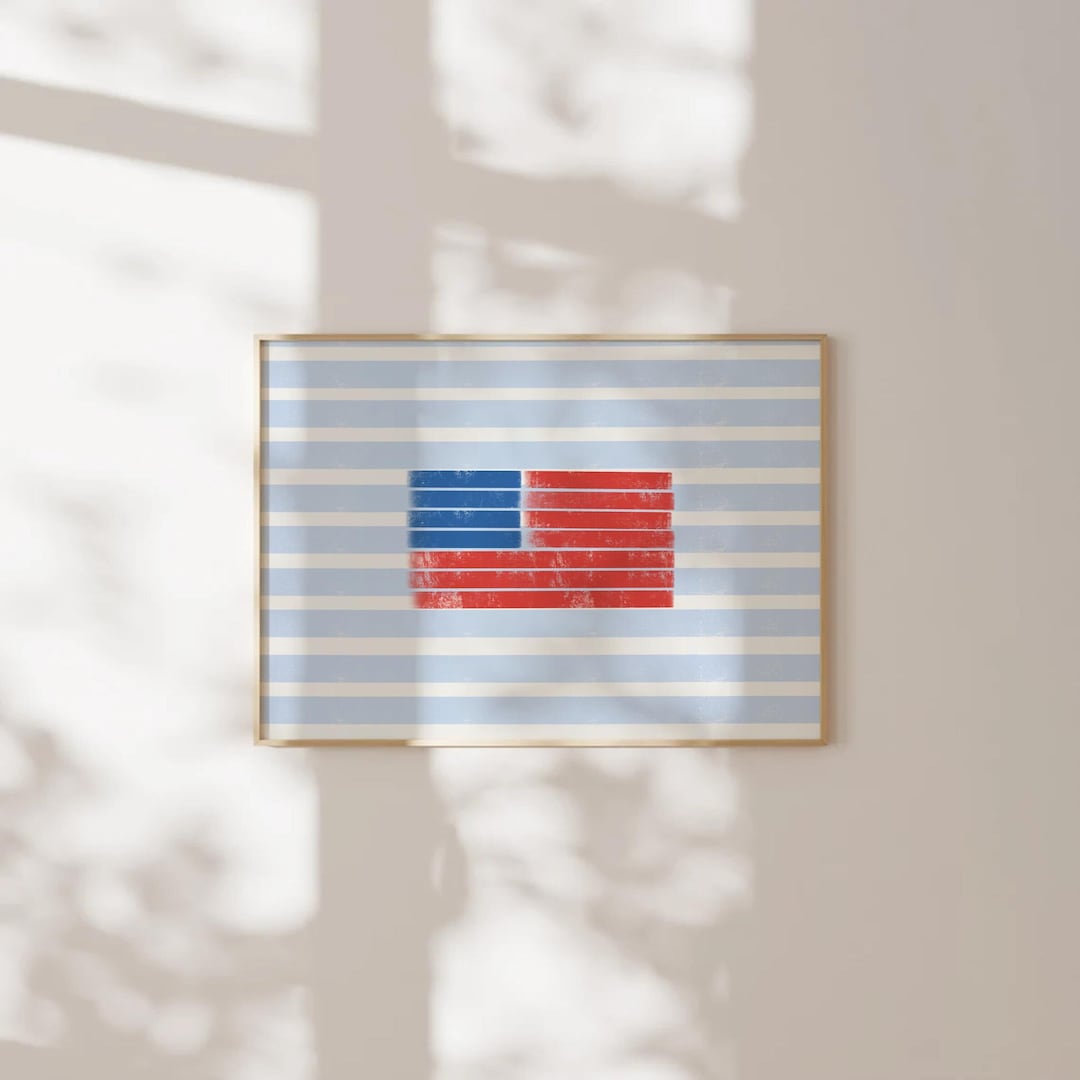 Coastal American Flag Wall Art Above Bed Light Blue Horizontal Print ...