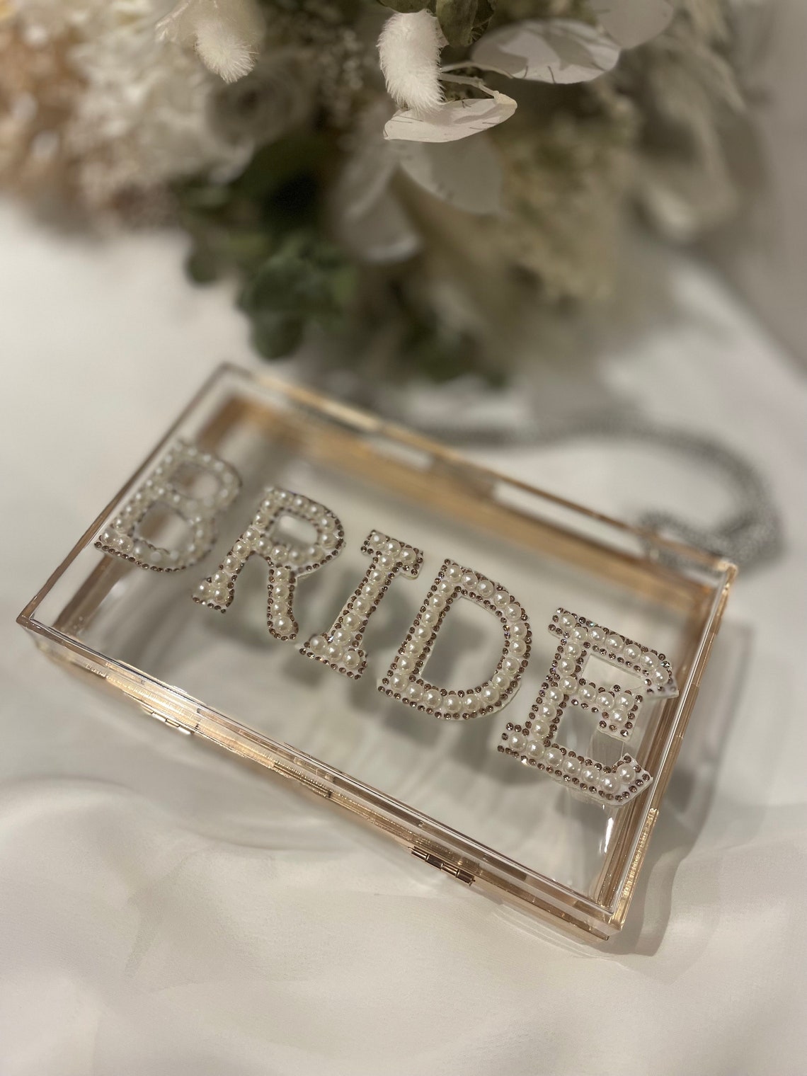 BRIDE Embellished Pearl Transparent Clear Acrylic Box Clutch Bag With ...