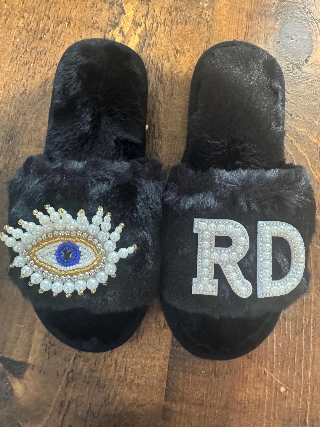 Personalised Black Evil Eye Fluffy Slippers With Pearl Embellished ...