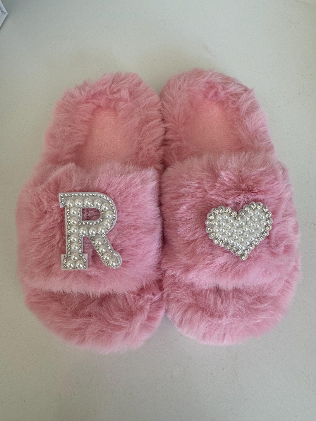 Girls Pink Fluffy Slippers With Embellished Initial and Heart | Flower ...