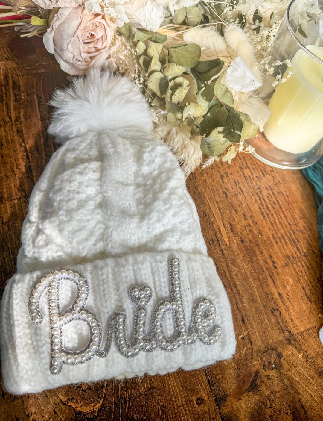 Bride Pearl Embellished Bobble Pom Pom Woolly Patterned Hat for the ...