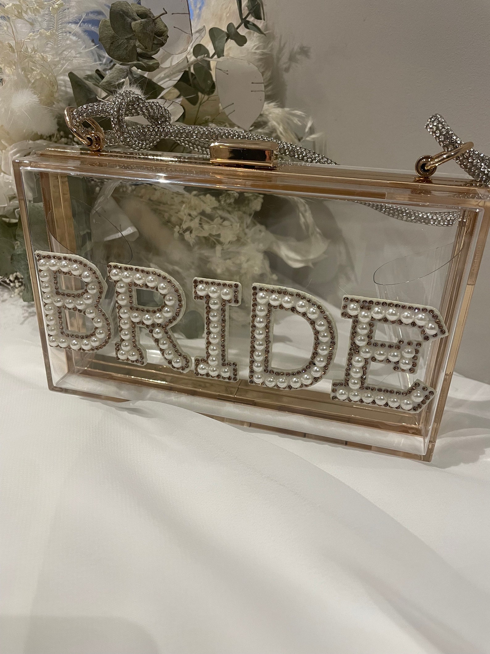 BRIDE Embellished Pearl Transparent Clear Acrylic Box Clutch Bag With ...