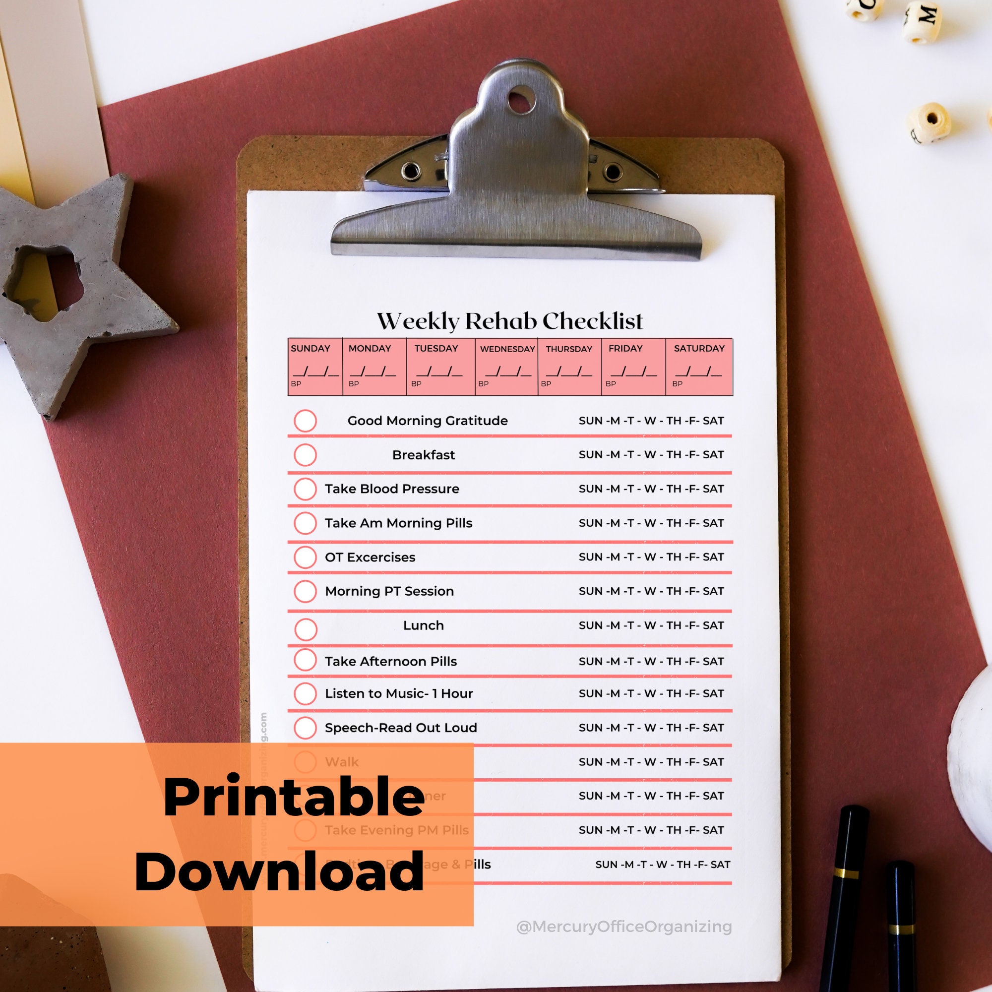 Weekly Rehab PDF Checklist | Printable Download | Track Daily Pills ...