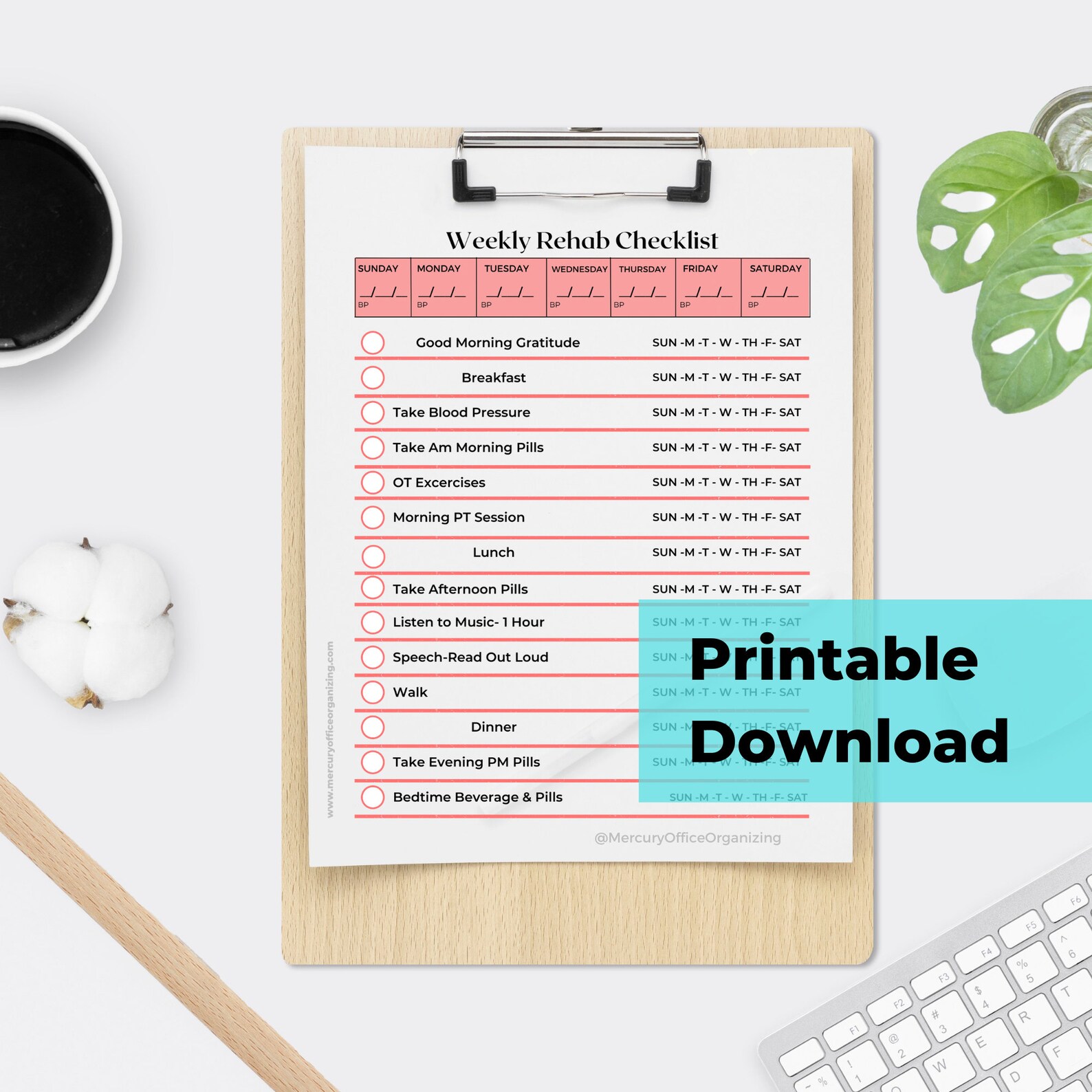Weekly Rehab PDF Checklist | Printable Download | Track Daily Pills ...