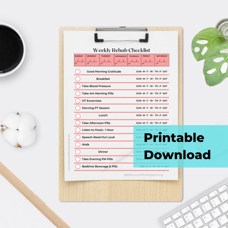 Weekly Rehab PDF Checklist | Printable Download | Track Daily Pills ...