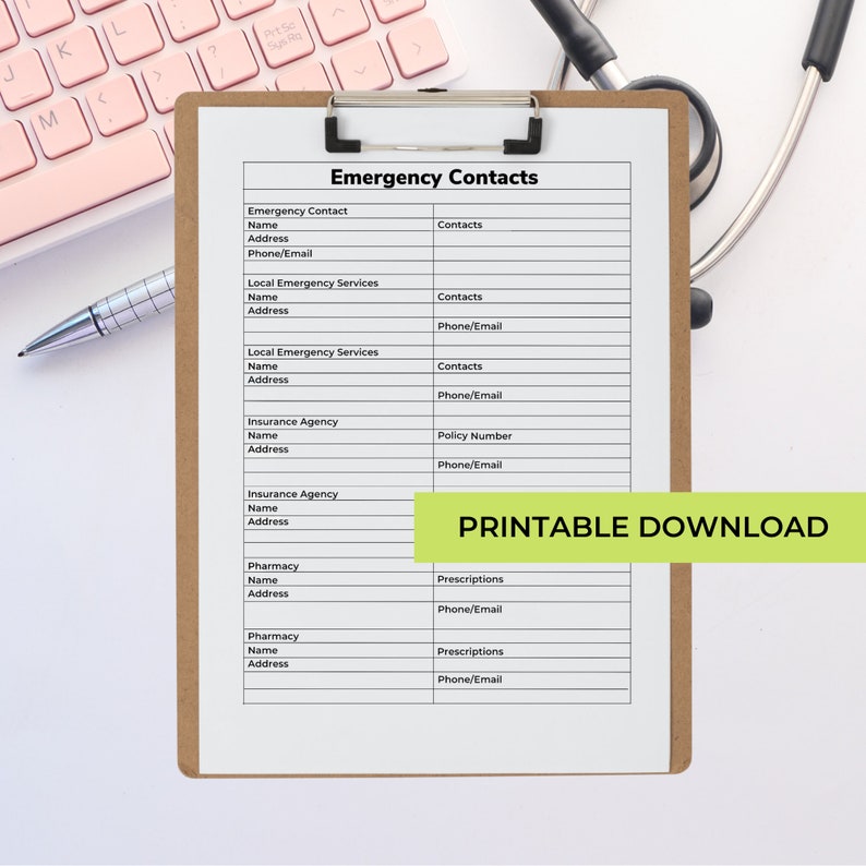 Emergency Contact Sheet Printable Download 8.5x11 PDF - Etsy