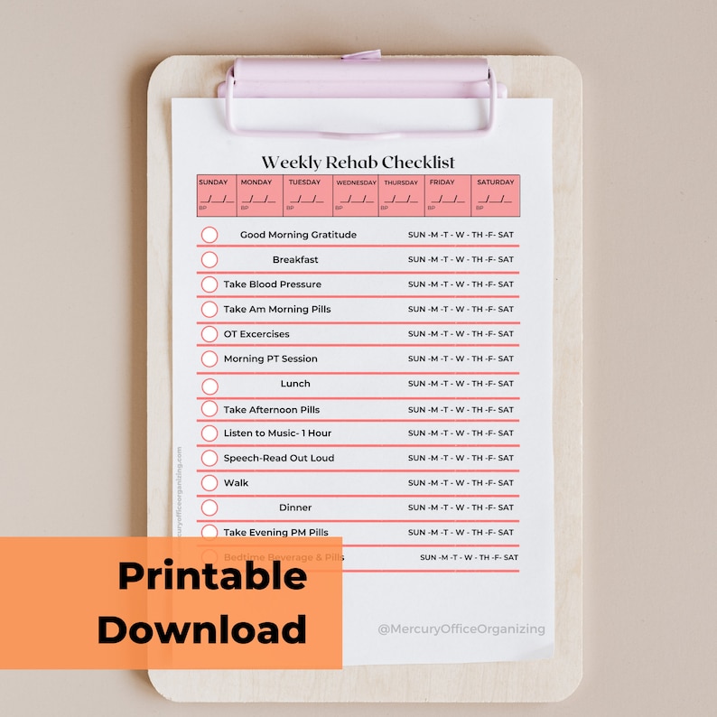 Weekly Rehab PDF Checklist | Printable Download | Track Daily Pills ...