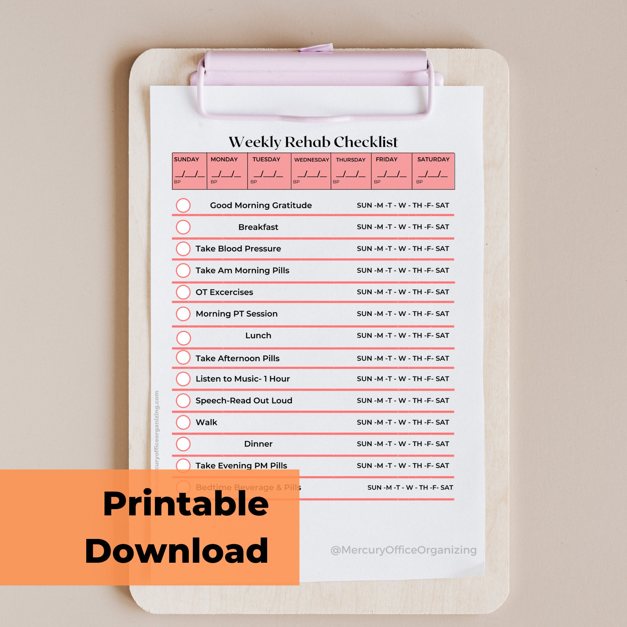 Weekly Rehab PDF Checklist | Printable Download | Track Daily Pills ...