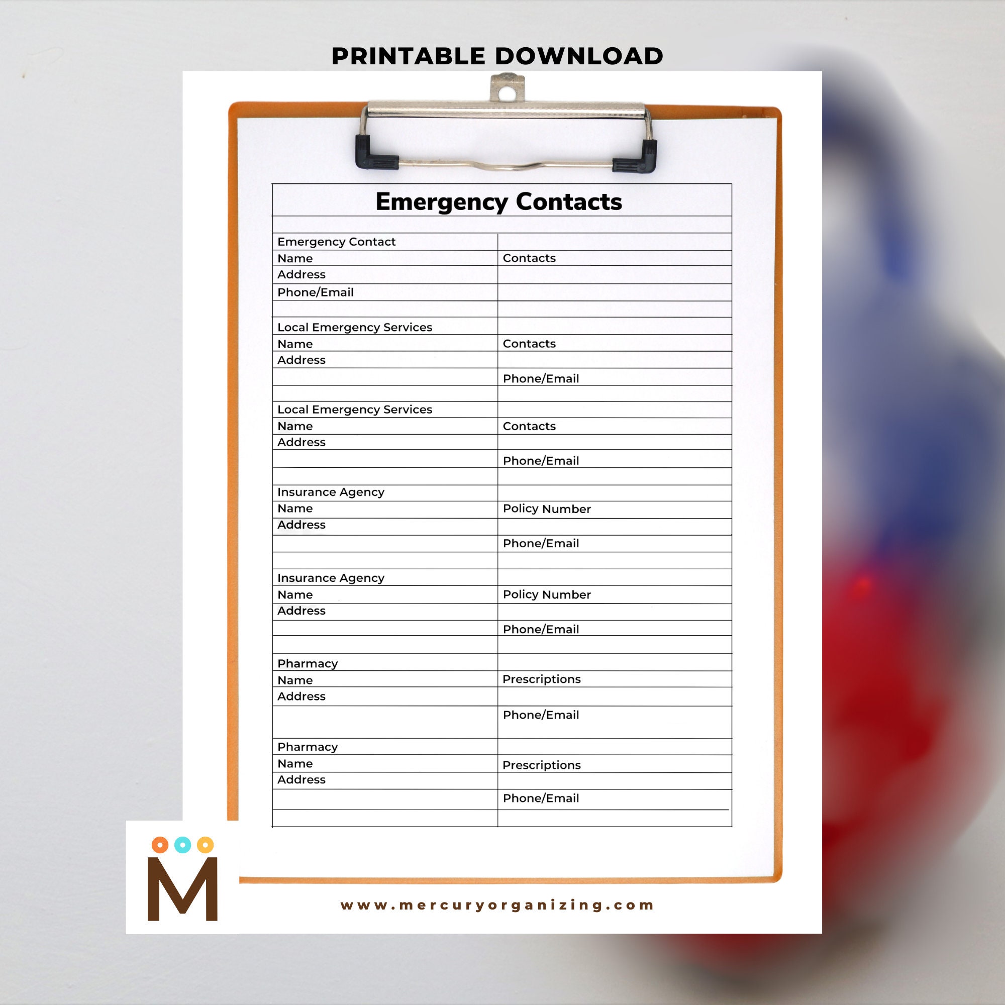 Emergency Contact Sheet Printable Download 8.5x11 PDF Worksheet - Etsy