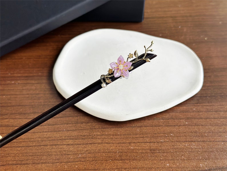 Ebony Wood Hair Stick, Blue Flowers Hair Stick, Simple Delicate Hair ...