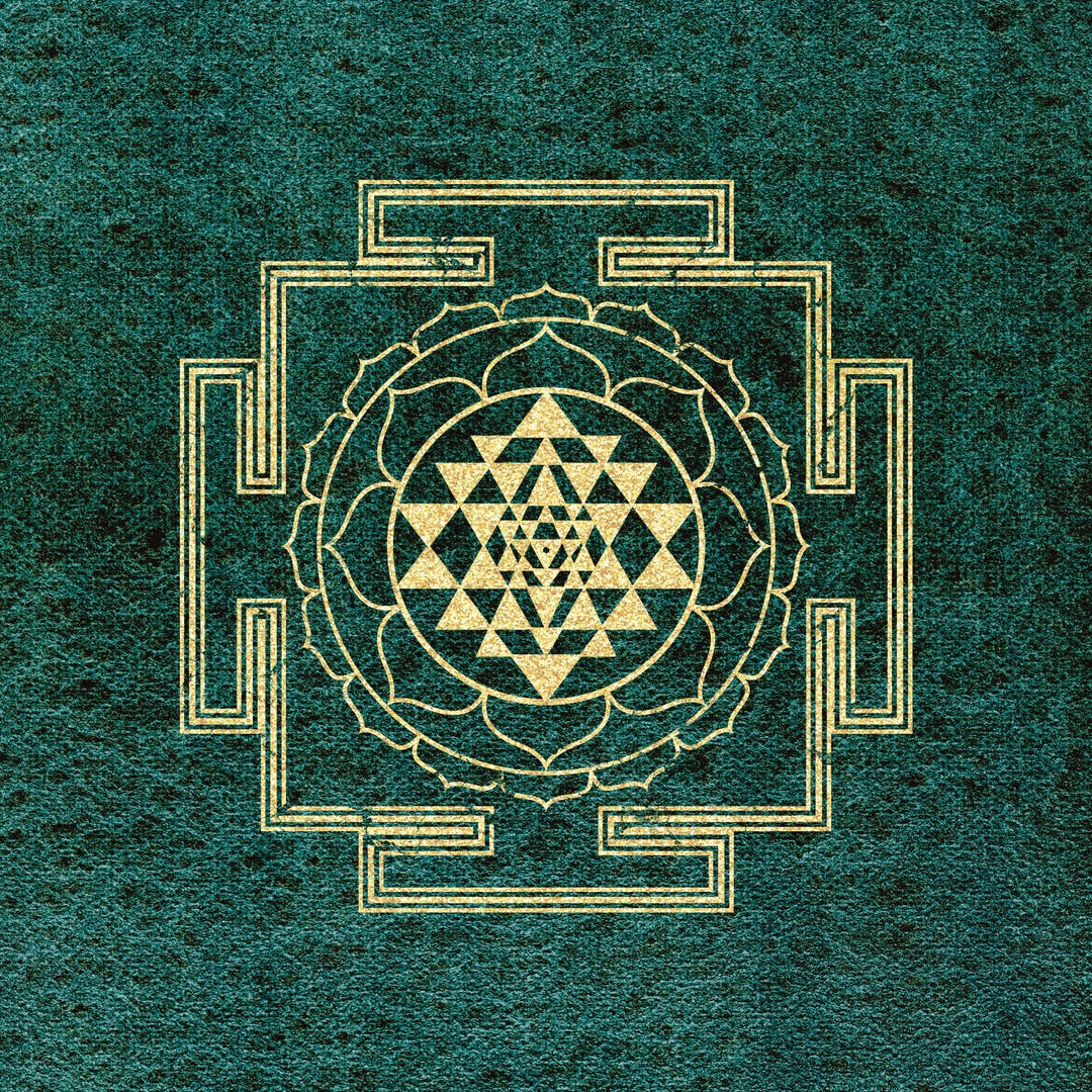 Silk Poster, Sacred Sri Yantra on Green Mineral Watercolor Background ...