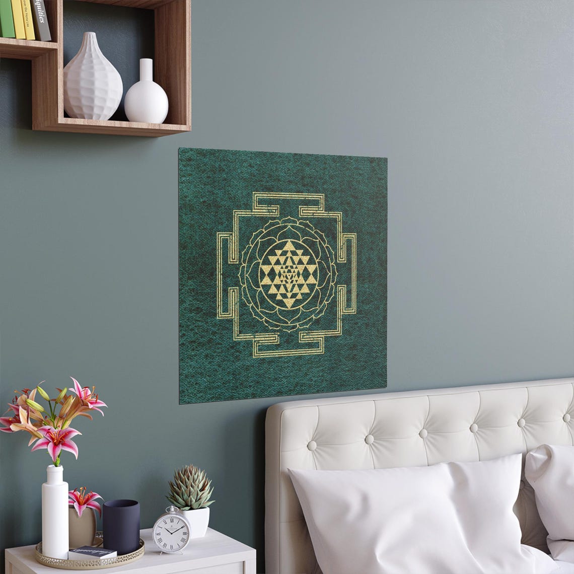 Silk Poster, Sacred Sri Yantra on Green Mineral Watercolor Background ...
