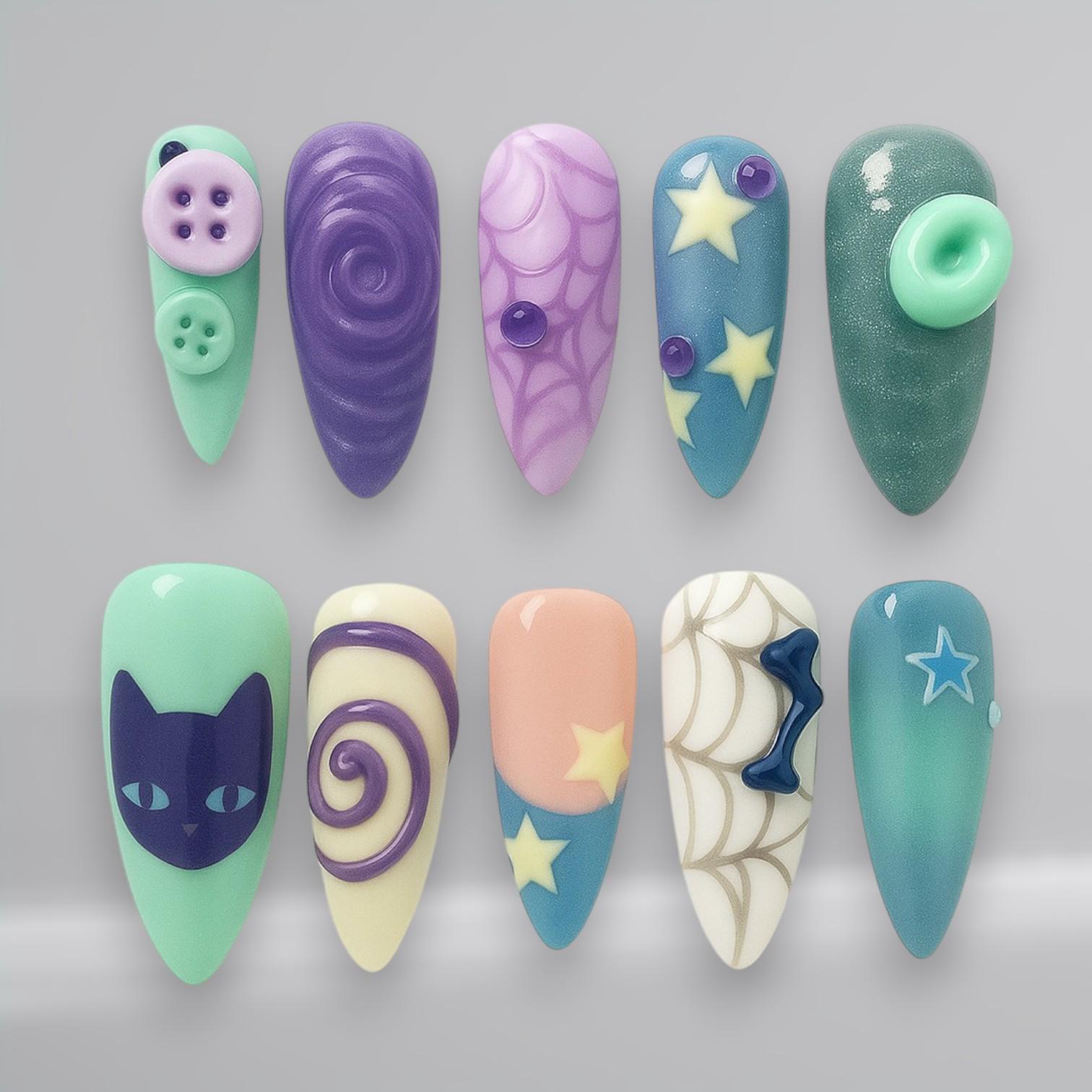 Colorful Cat - Star Themed Press-on Nails, Funky 3D Nail Art, Spiral ...