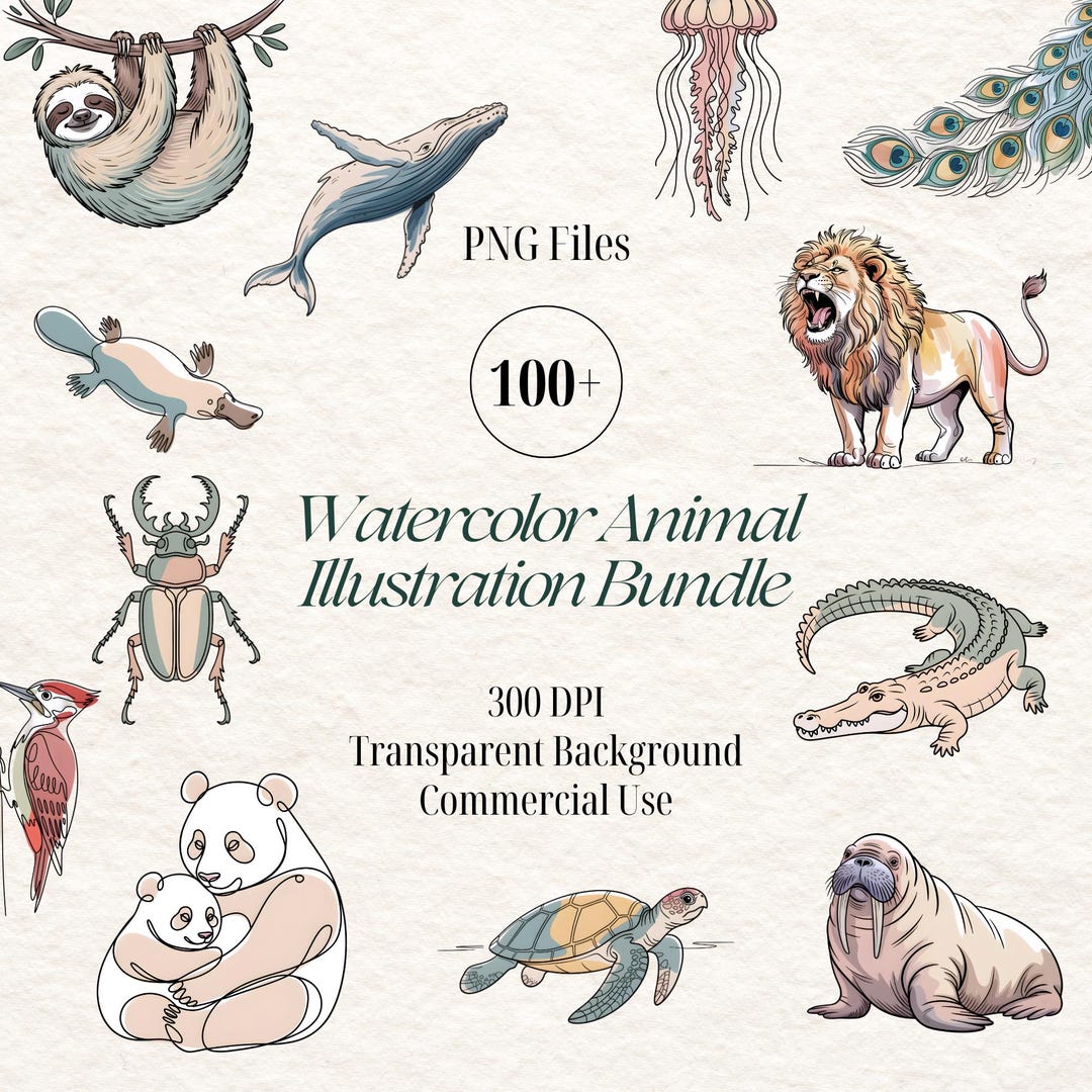 100+ Watercolor Animal Illustration Bundle PNG 300 DPI Cute Wildlife ...