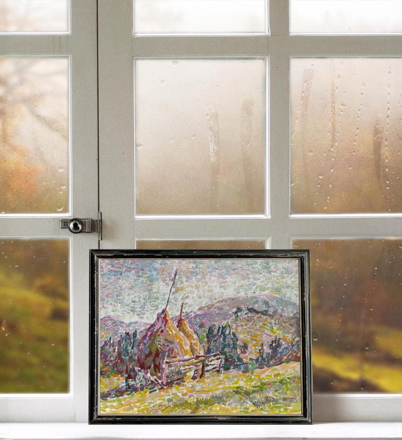 Vintage Landscape Painting – Pointillist Countryside, Mountain View ...