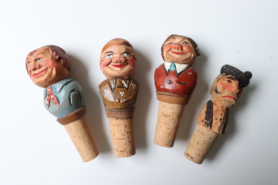 1 Anri Hand Carved Wood Cork Bottle Wine Stopper Pourer, Vintage Wood ...