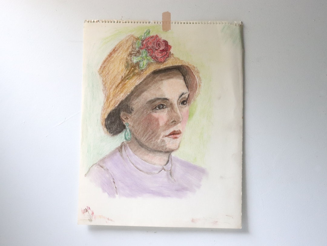 Vintage Pencil Drawing on Paper of a Woman With Hat; Vintage Original ...