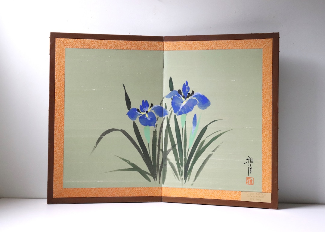 Petite Japanese Blue Iris 2 Panel Small Table Screen; Chinoiserie ...