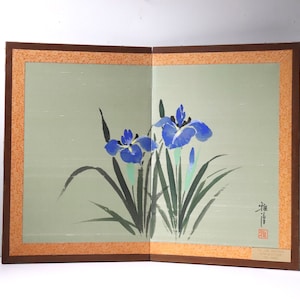 Petite Japanese Blue Iris 2 Panel Small Table Screen; Chinoiserie ...