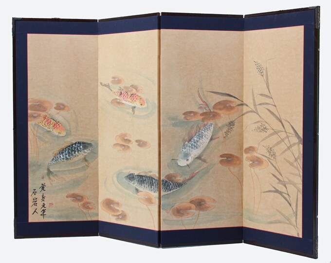 Japanese 4 Panel Silk Screen Koi Fish Folding Screen Divider Fishes ...