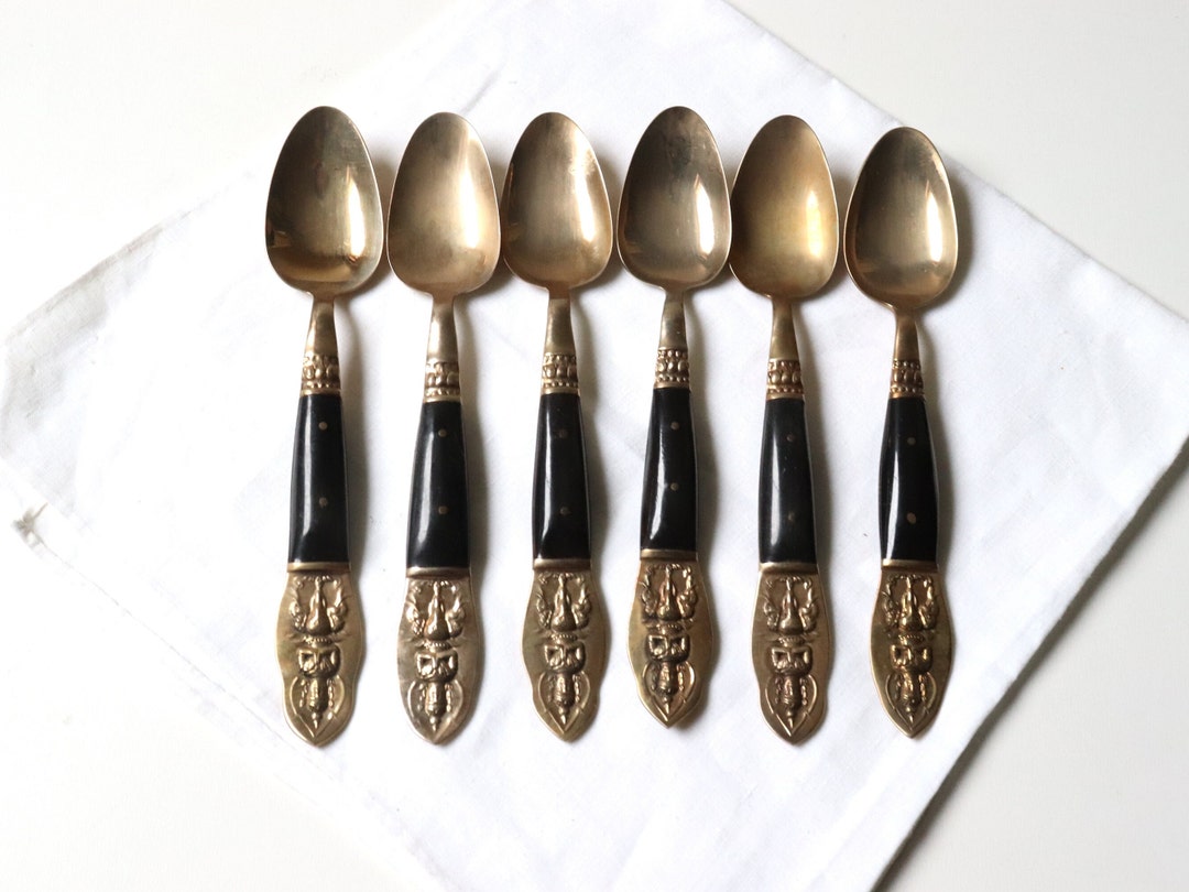 6 Pc Dessert Spoons Thai Brass Flatware; Vintage Utensils Metal Gold ...
