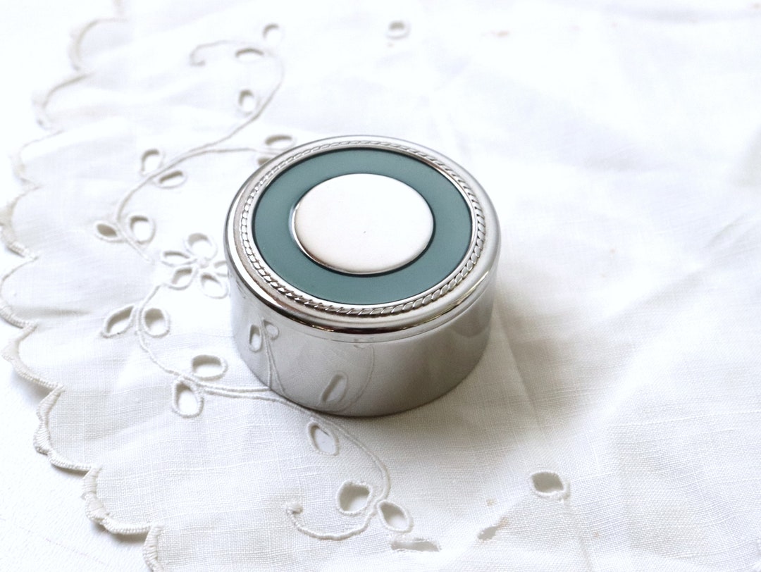 Round Silver and Teal Compact Pill Box Liz Claiborne Vintage Metal ...