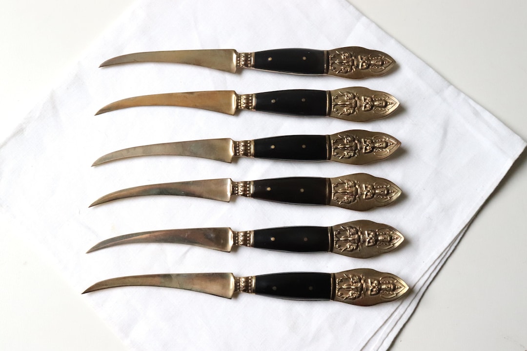 6 Pc Tourné / Paring Knives Thai Brass Flatware; Vintage Utensils Metal ...
