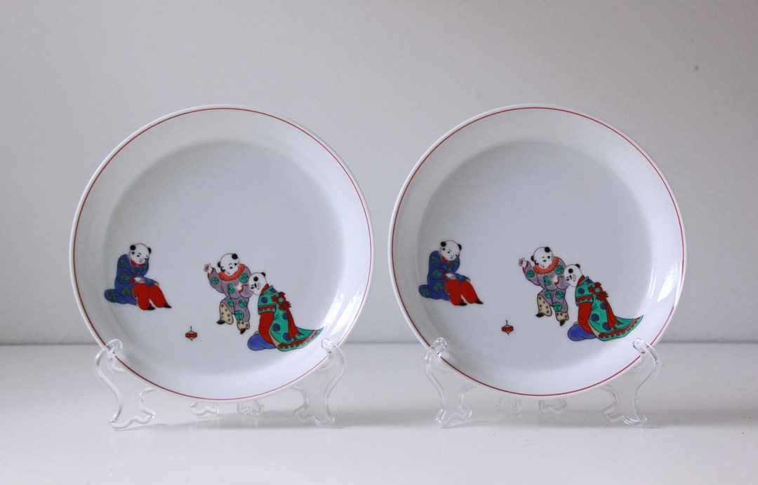 2 Pc Japanese Fukagawa Children Porcelain Plates; Enameled White ...