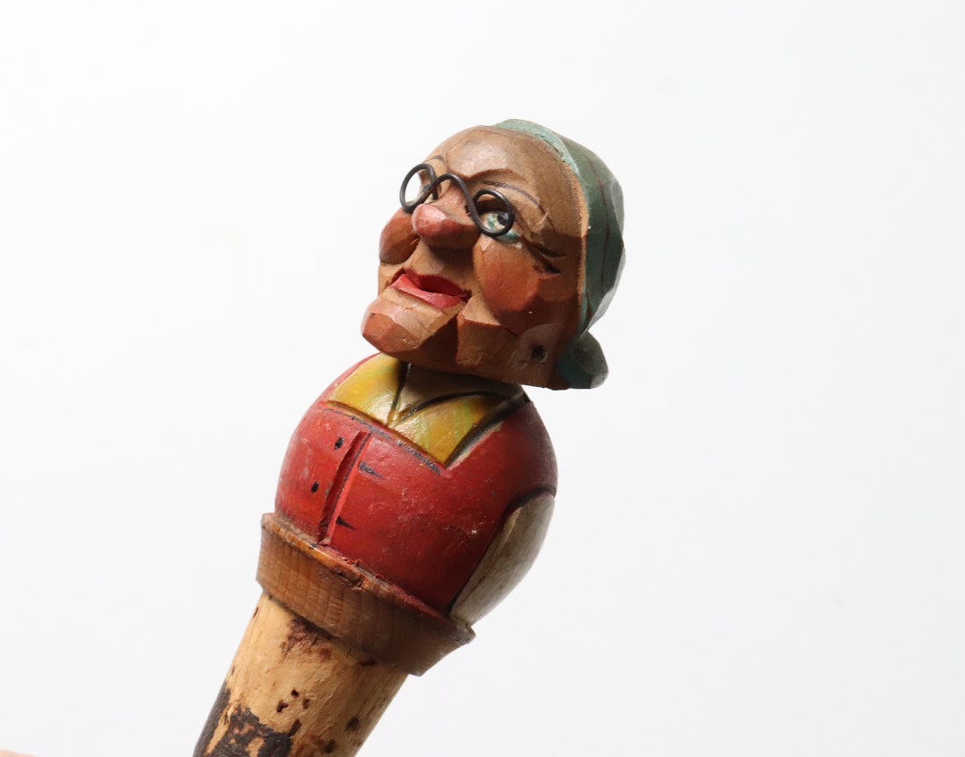 Anri Lady With Glasses Hand Carved Wood Cork Bottle Wine Stopper Pourer ...