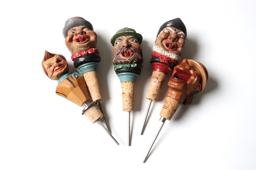 1 Anri Hand Carved Wood Cork Bottle Wine Stopper Pourer, Vintage Wood ...