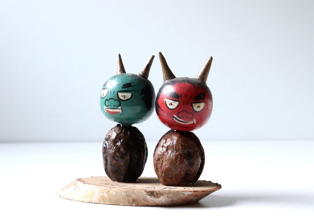 Rare Vintage Japanese Angry Daruma Kokeshi Doll; Walnut Wooden Red and ...