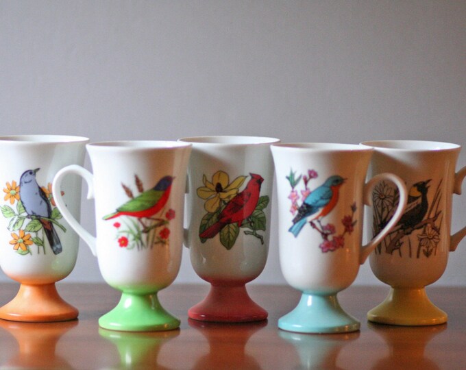 Set of 5 Vintage Footed Coffee Cups With Birds and Flowers - Etsy