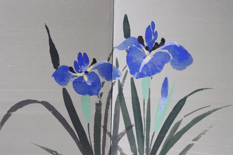 Petite Japanese Blue Iris 2 Panel Small Table Screen; Chinoiserie ...