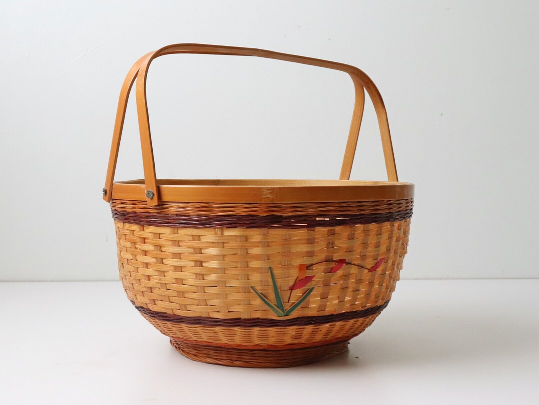 Woven Bamboo Chinese Basket With Handle, Fruit Herb Gathering Basket ...