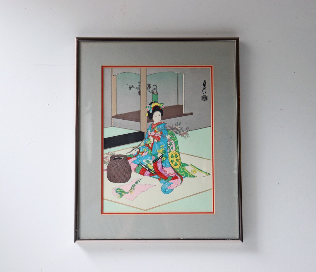 Vintage Japanese Woodblock Geisha Print Framed; Colorful Woodblock ...