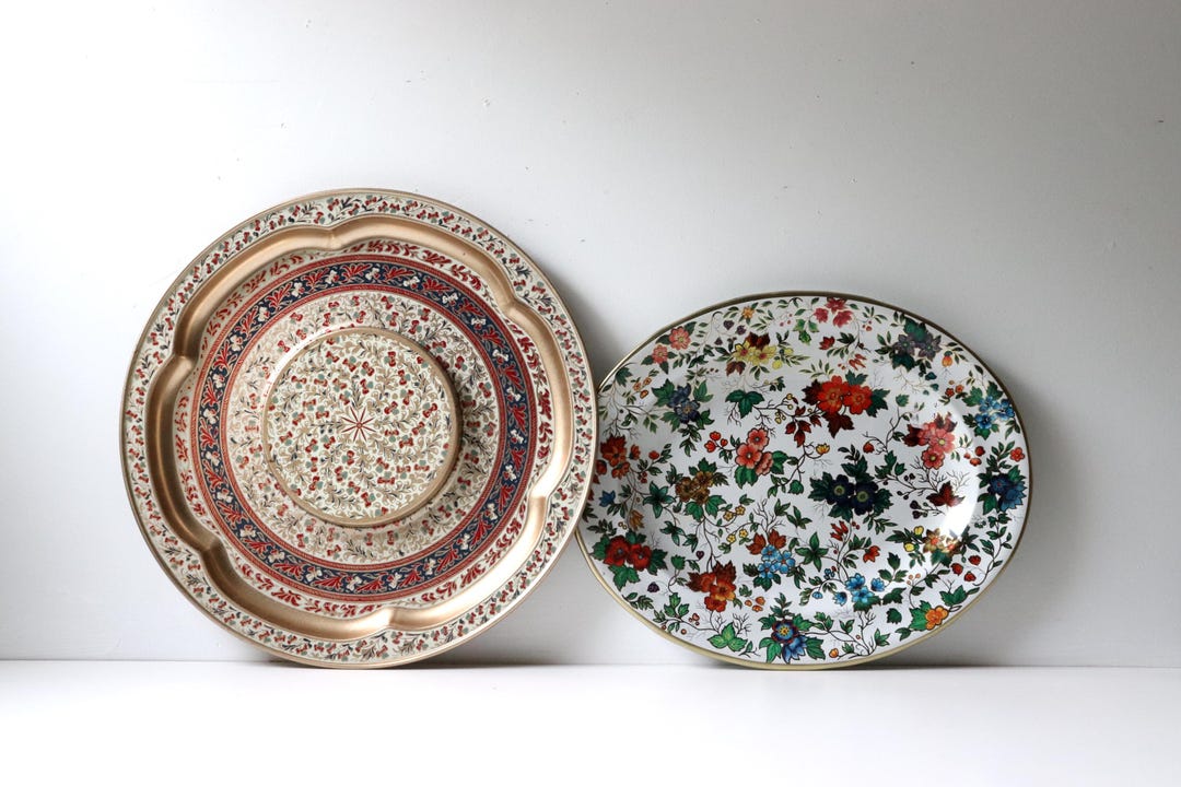 2 Pc Decorative Tin Metal Tray Floral; Round Enamelware Tray; Dining ...