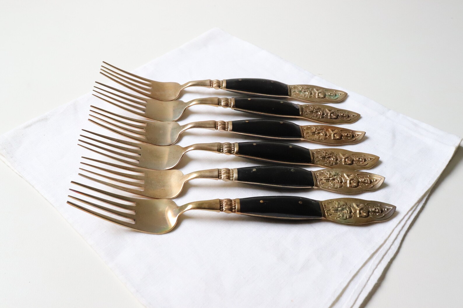 6 Pc Salad Forks Thai Brass Flatware Vintage Utensils Metal Gold Fork ...