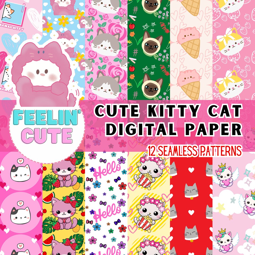 Cute Kawaii Kitty Cat Digital Papers - 12 SEAMLESS Pattern Designs 300 ...