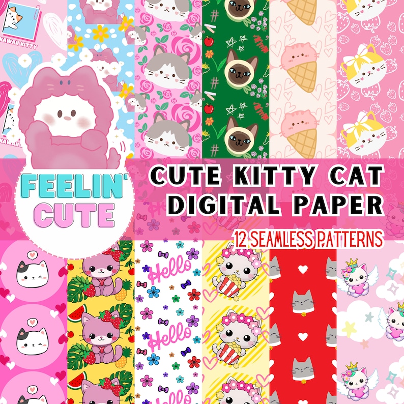Cute Kawaii Kitty Cat Digital Papers - 12 SEAMLESS Pattern Designs 300 ...