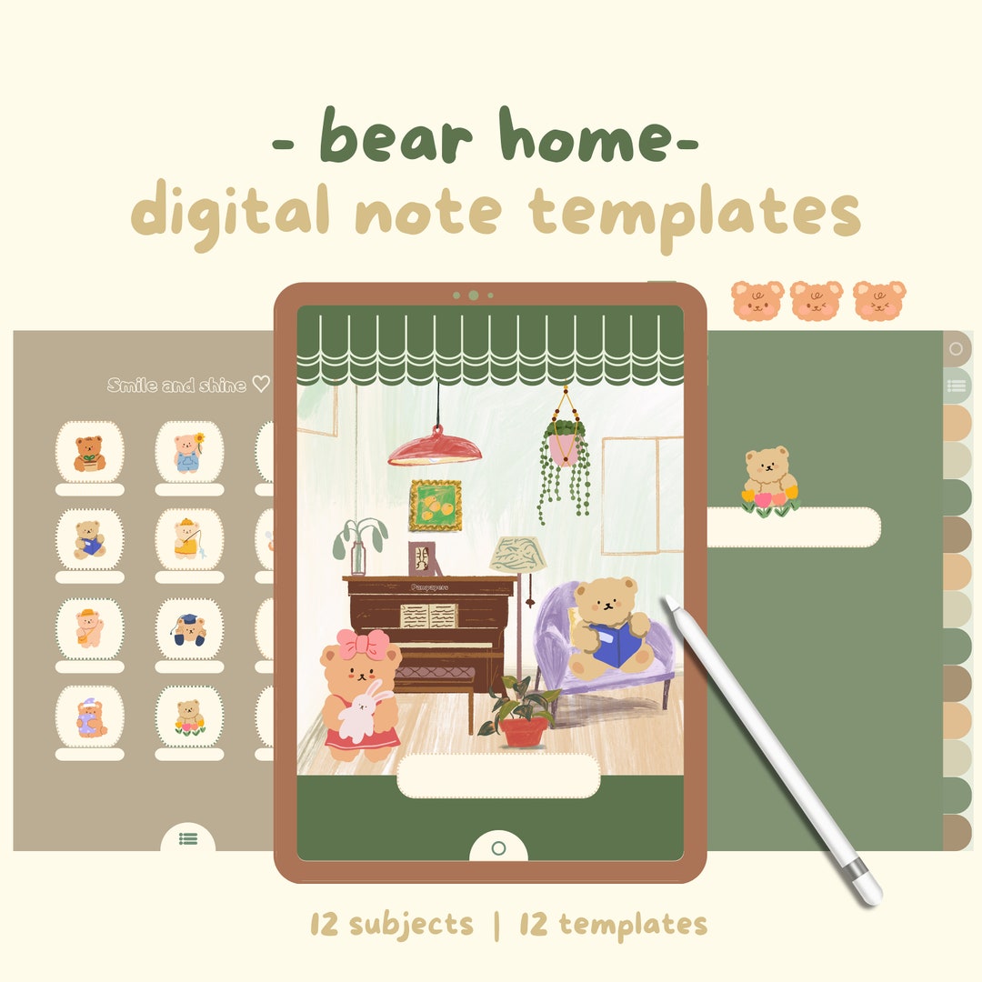 Cute Bear Green Digital Notebook With Tabs: Bear Home /goodnotes ...