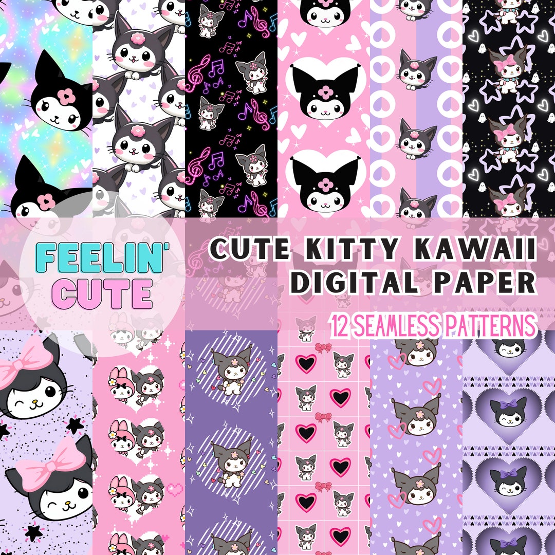 Cute Kawaii KITTY CAT Digital Papers 12 SEAMLESS Pattern Designs 300 ...