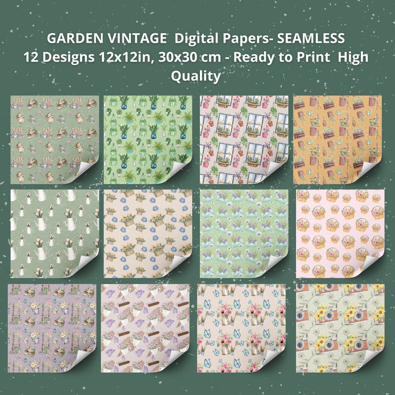 Vintage Cute Garden Digital Paper Watercolor Collection Green Kit ...