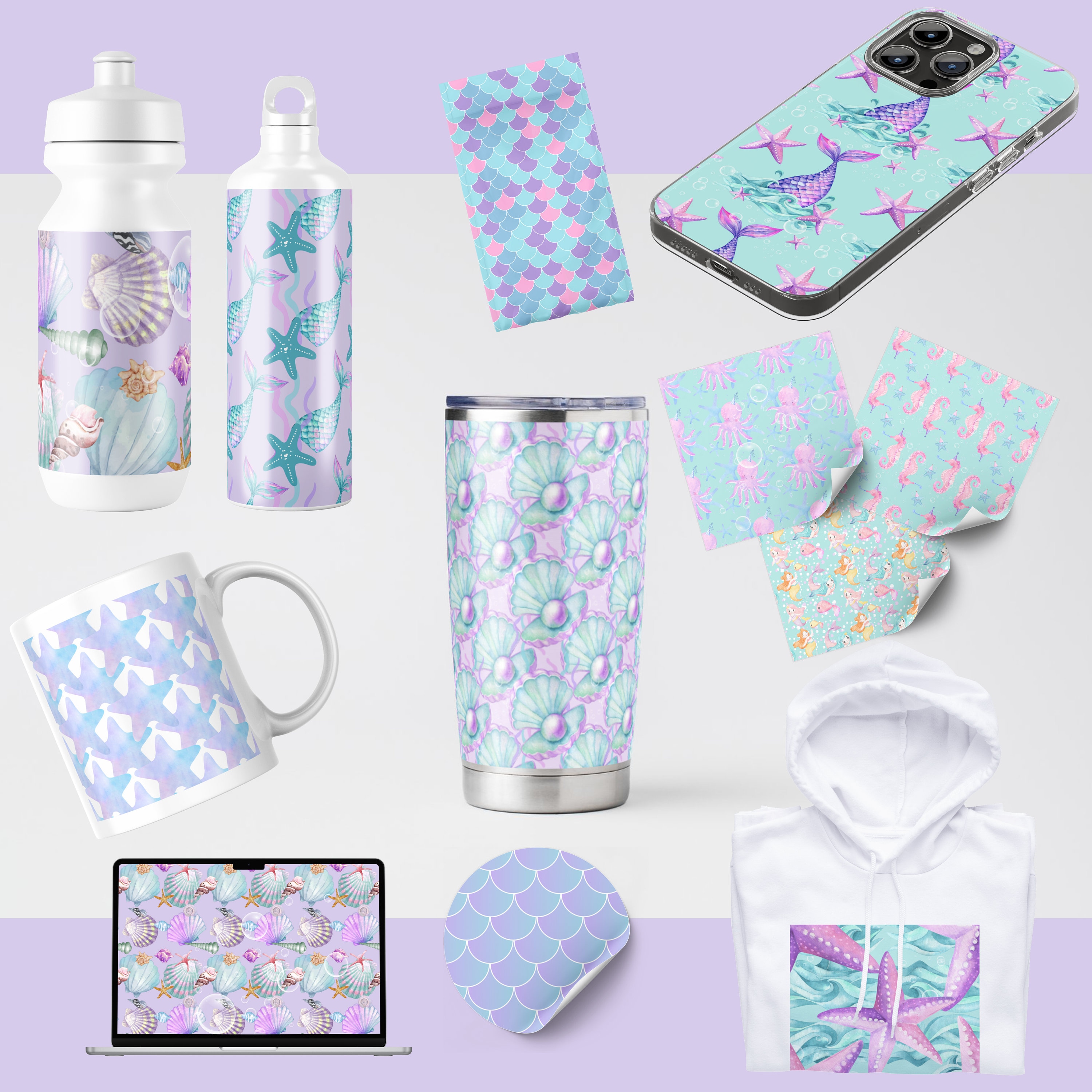 Mermaid Digital Paper Watercolor Collection Blue Turquoise Kit ...